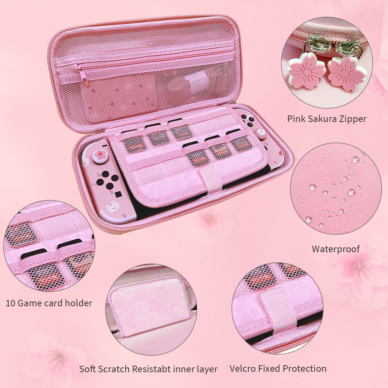 HLRAO Pink Travel Carrying Case Accessories Kit Compatible with Nintendo Switch (NOT Fit OLED/Lite).Pink Switch Hard Protective Cover,Adjustable Stand,Screen Protector & Cute Thumb Grips 10 in 1.