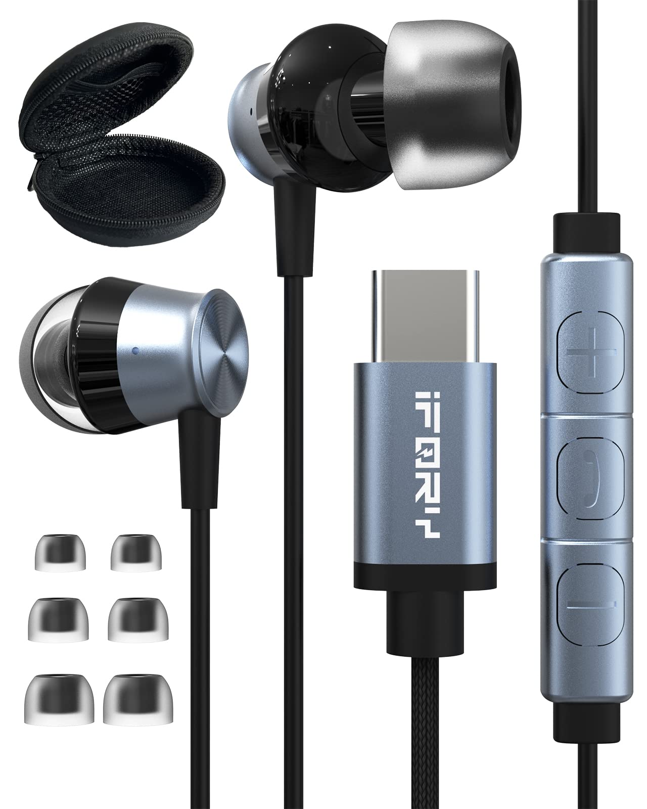 iFory USB C Earphones, K30 Type C Wired Magnetic Headphones Metal Case with Mic & Remote Control in-Ear Earbuds Noise Canceling Sweatproof Headset Compatible for Samsung Ipad Pro iOS Android