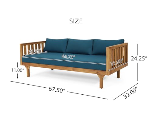 Merax Outdoor 3 Seater Daybed, Acacia Wood Day Bed Couch Sofa with Cushions for Patio Backyard, Garden, Blue