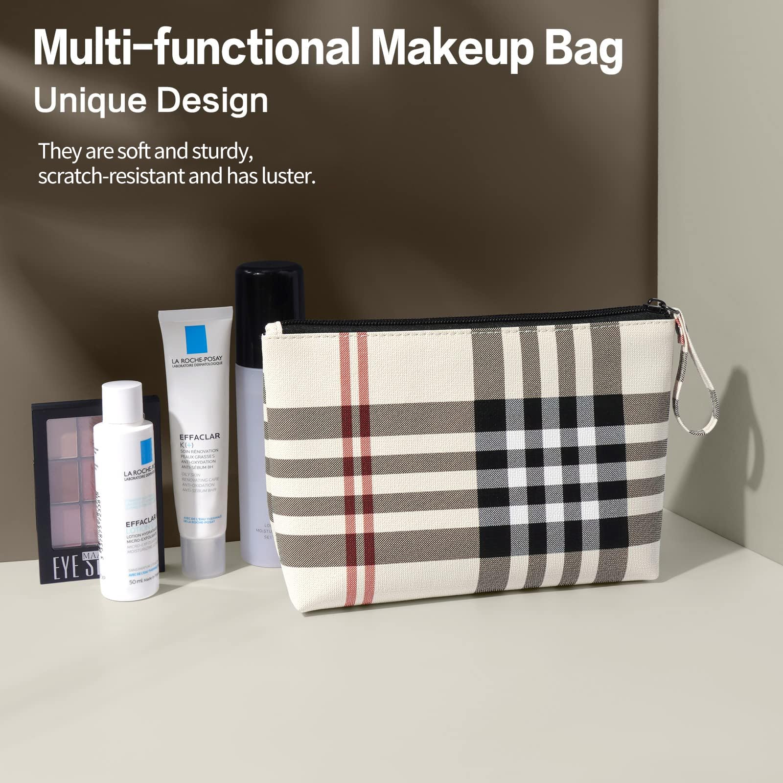 MAANGE Small Makeup Bag for Purse Cosmetic Bags for Women Pu Leather Makeup Pouch Travel Makeup Bag with Handle Make Up Bag for Travelling(Khaki)