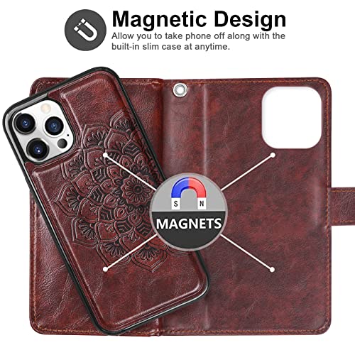 Vofolen for iPhone 12 Pro Max Case Credit Card Holder Wallet Cover 2-in-1 Slot Women Girl Detachable Strap Protective Slim Hard Shell Magnetic Leather Folio Pocket Flip Case Mandala Brown