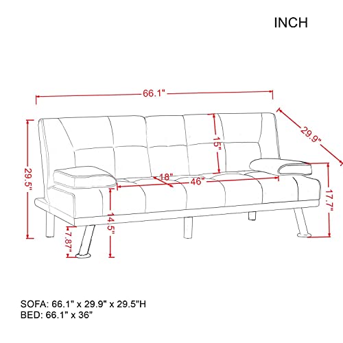 Verfur Convertible Futon Sofa Bed with Cupholders,Modern Upholstered Loveseat Sleeper Couch, Folding Lounge Recliner Comfy Sofa & Couches Sofabed, Dark Gray 66.2" Linen