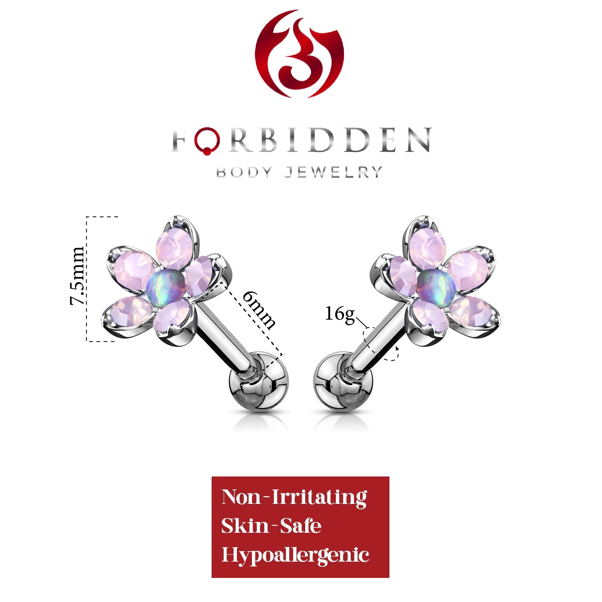 Forbidden Body Jewelry 16g Opalite Flower Tragus/Helix/Cartilage Stud Earring (Purple 2pcs)