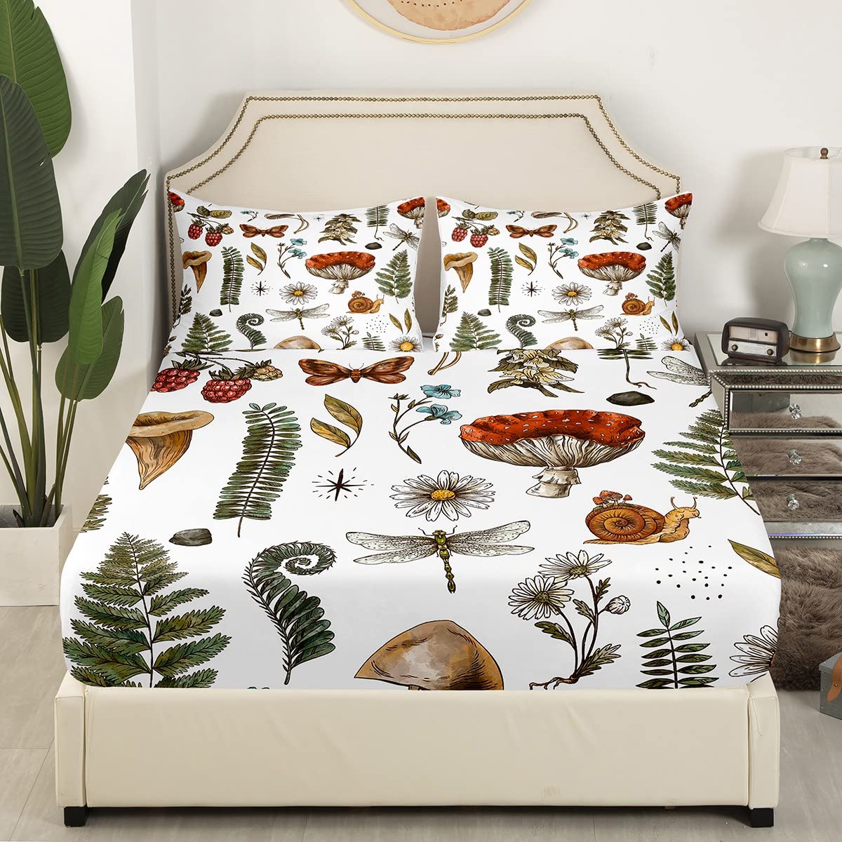 Mushroom Bed Sheets Full Size 4 Pcs Wild Dragonfly Butterfly Hippie Daisy Sheets Set for Teens Adults Botanical Leaves Outdoor Plants Rustic Style Bedding Set with Flat,Fitted Sheet,2 Pillowcases