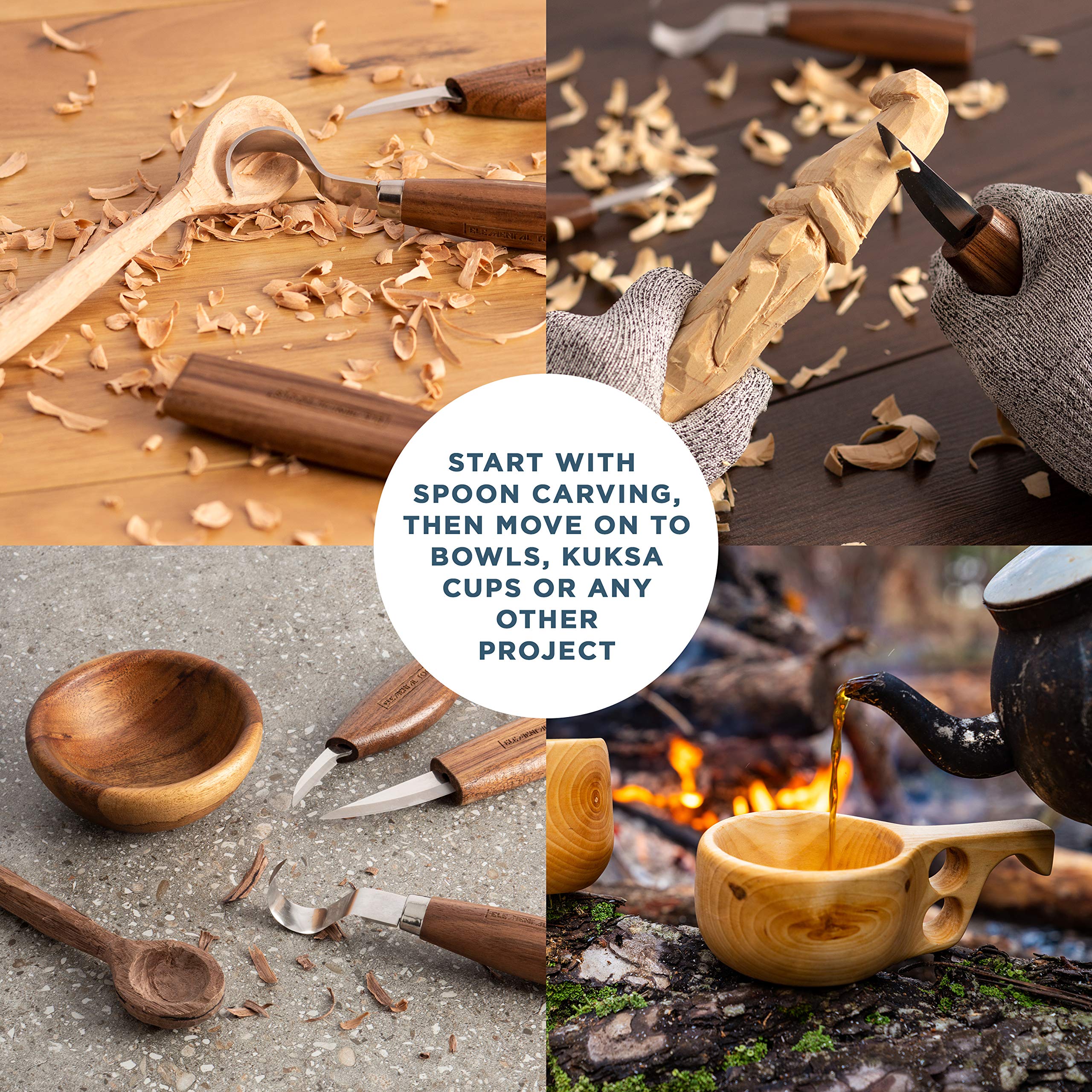 Elemental Tools 9pc Wood Carving Tools Set - Hook Carving Knife, Whittling Knife, Detail Wood Carving Knife For Spoon, Bowl, Kuksa Cup Or General Woodwork - Bonus Cut Resistant Gloves And Bamboo Box