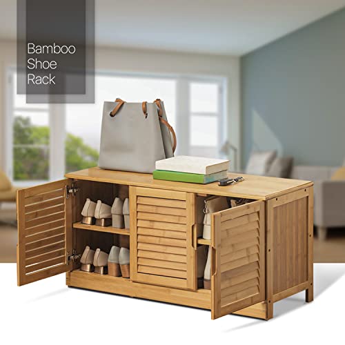MoNiBloom 2 Tier Shoe Cabinet, Bamboo Free Standing Shoe Shelf Organizer Storage with Shutter Doors for 6-10 Pairs Home Entryway Hallway Bedroom, Natural