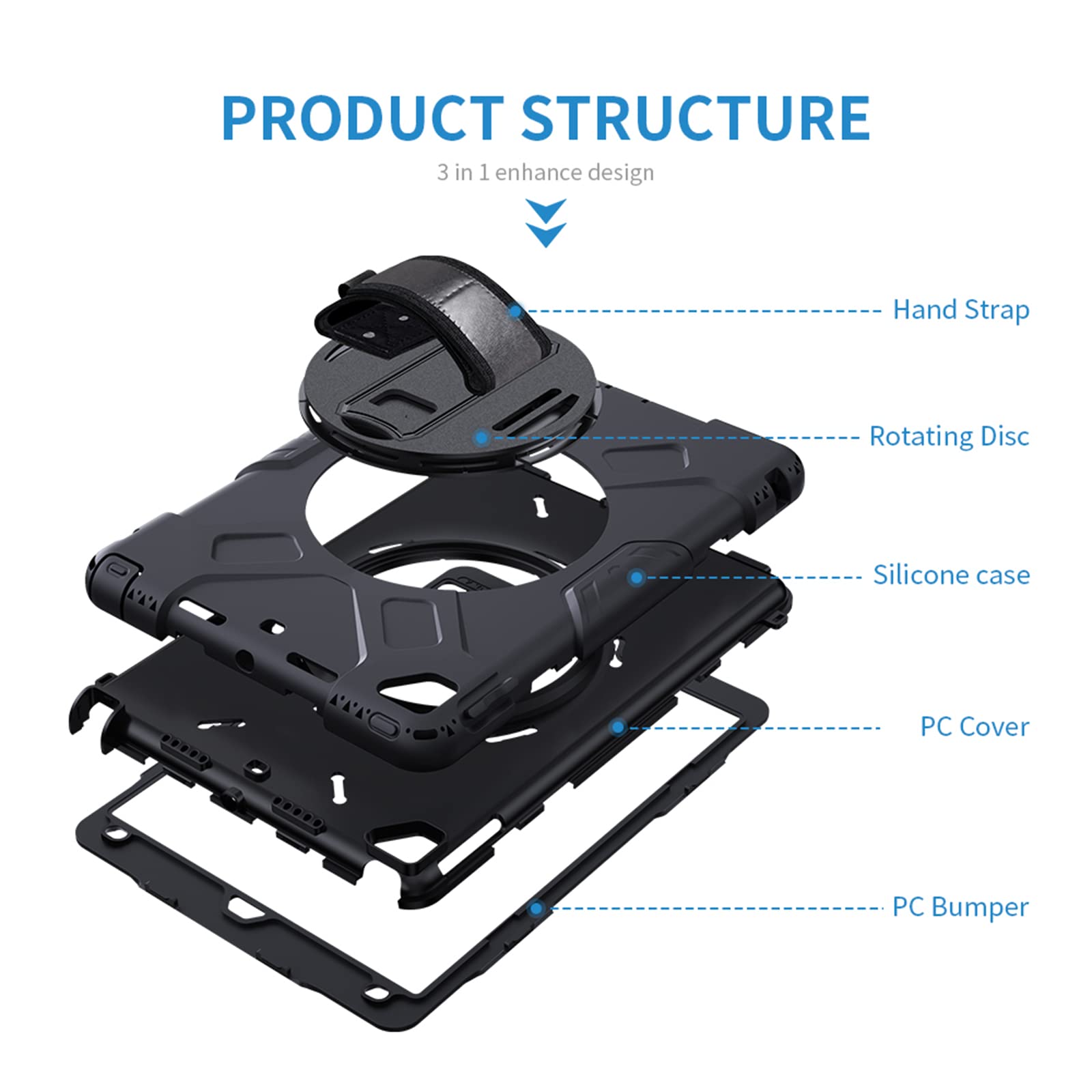 MR.HFSW Black Rugged 10.2 Inch Hard Case for Apple Ipad Protective Cover 7th 8th 9th Generation with Pencil Holder Travel Shoulder Carrying Hand Strap Stand Handle Extra Protection
