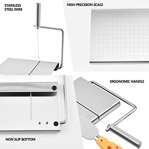 ISZW Cheese Slicer Knife Set, Cheese Slicer Cutter with Wire Food Cutter Precise Scale Board, 4 Cheese Knife Set Mini Butter Knife & Fork for Cutting Cheese Butter Vegetables Sausgae
