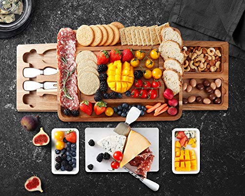 hecef Cheese Board Set Acacia Wood - Large Charcuterie Board with Stainless Steel Knife Set, Thick Wooden Server - Fancy House Warming Gift, Birthday Present & Perfect Choice for Gourmets