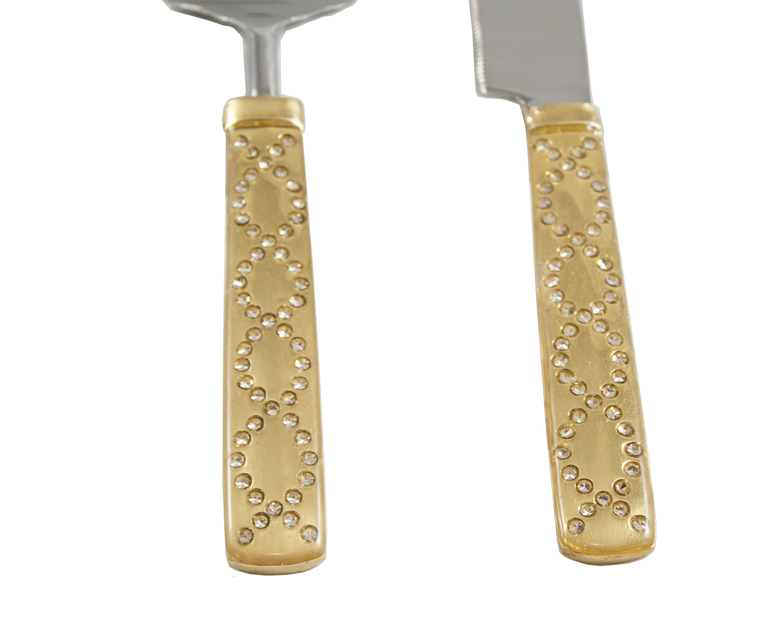 Server Set, Cake, Pie, Desert Flatware Set, Glitter Crystal Studs Design, 2-piece 18/10 Stainless steel with brass handles (light antique gold finish)…