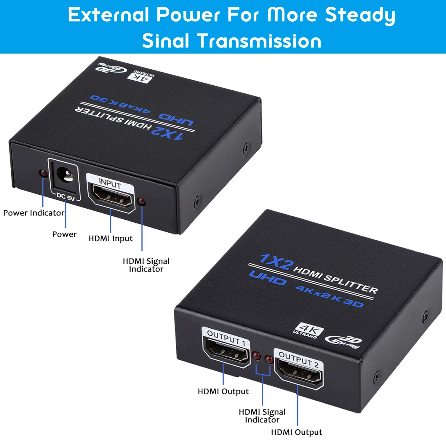 Enbuer 1x2 HDMI Splitter, 1 in 2 Out HDMI Splitter Audio Video Distributor Box Support 3D & 4K x 2K Compatible for HDTV, STB, DVD, Projector Etc