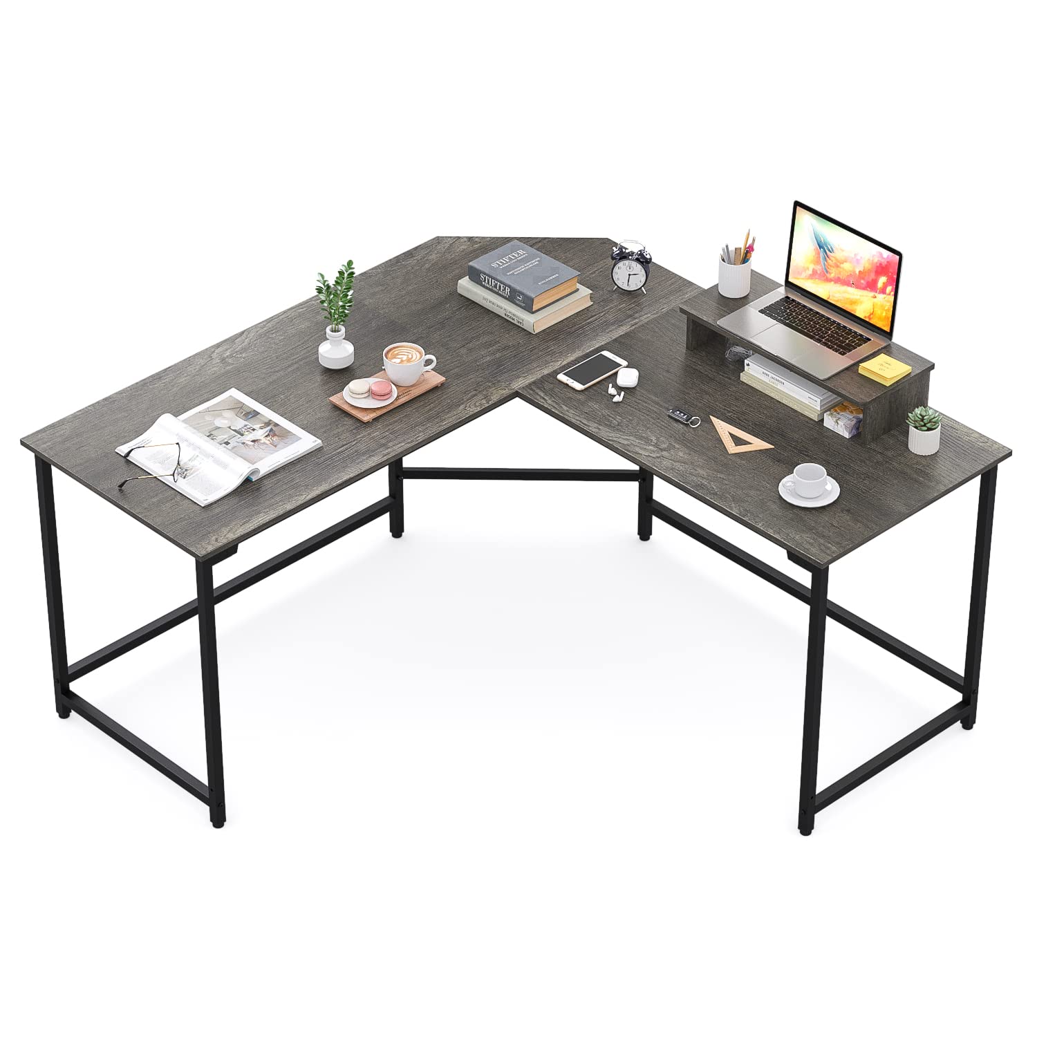 Elephance 59" Large L Shaped Desk Corner Computer Desk with Monitor Stand Gaming Table Workstation for Home Office