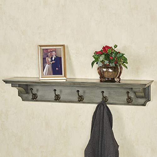 Touch of Class Wyndham Wall Shelf with Coat Hooks - Gray - 5 Hooks - Beveled Display - Plate Groove - Solid Wood Decor for Bedroom, Living Room, Bathroom, Kitchen, Entryway, Foyer
