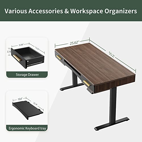 FEZIBO Standing Desk with Drawers, 55" x 26" Vintage Adjustable Standing Desk, Sit Stand Up Desk, Adjustable Height Home Office Desk, Mid-Century Executive President Office Desk