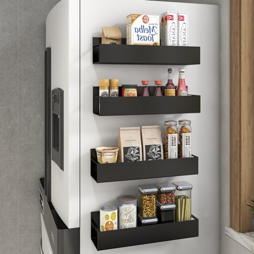 HETMI 4 Pack Magnetic Spice Rack, Magnetic Spice Rack Organizer, Refrigerator Magnetic Spice Rack for Refrigerator and Microwave Oven, Removable Metal Cabinet Space Saving Refrigerator Rack, Black