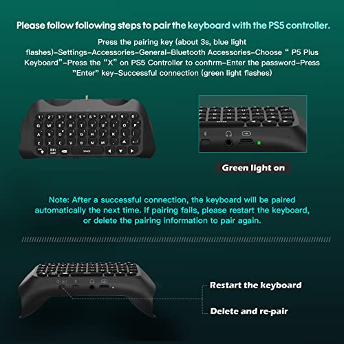 TiMOVO Green Backlight Keyboard for PS5 Controller, Wireless Bluetooth Keypad Chatpad for Playstation 5 Controller, Mini Game Keyboard Built-in Speaker with 3.5mm Audio Jack for Messaging, Black