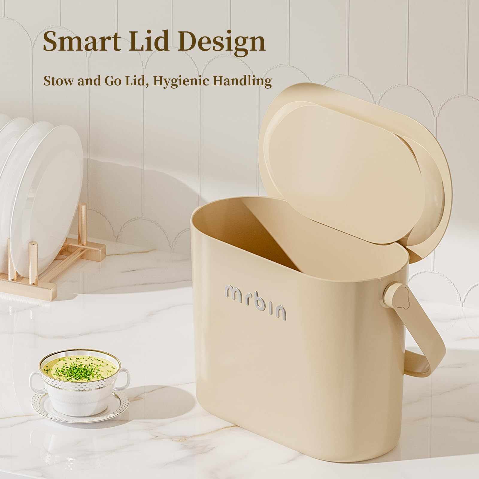 MRBIN Countertop Compost Bin Slim Kitchen Trash Can with Lid, Small Dustbin for Food Waste Recycle Indoor, White