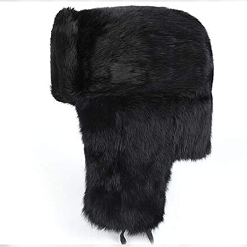 Fur Trapper Hat Winter Ushanka Russian Hat Men Fur Hats with 100% Rabbit Fur Aviator Hat with Earflaps Windproof（XL,Black）