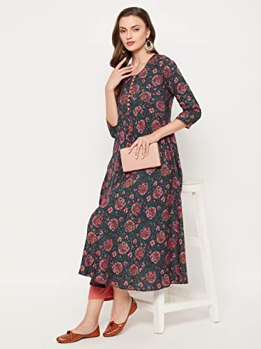 Tissu Women's Rayon Green & Pink Floral Printed A-Line Kurta 2201_Green_L