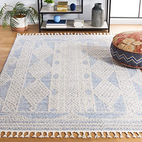 Safavieh Chapel Collection Accent Rug - 4' x 6', Blue & Ivory, Rustic Boho Braided Tassel Design, Non-Shedding & Easy Care, Ideal for High Traffic Areas in Entryway, Living Room, Bedroom (CHP404M)