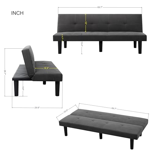 PVWIIK Convertible Folding Futon Sofa Bed, Faux Suede Upholstered Loveseat w/Plastic Legs, Sleeper Couch Recliner Lounge for Small Space Apartment Office Living Room, Grey