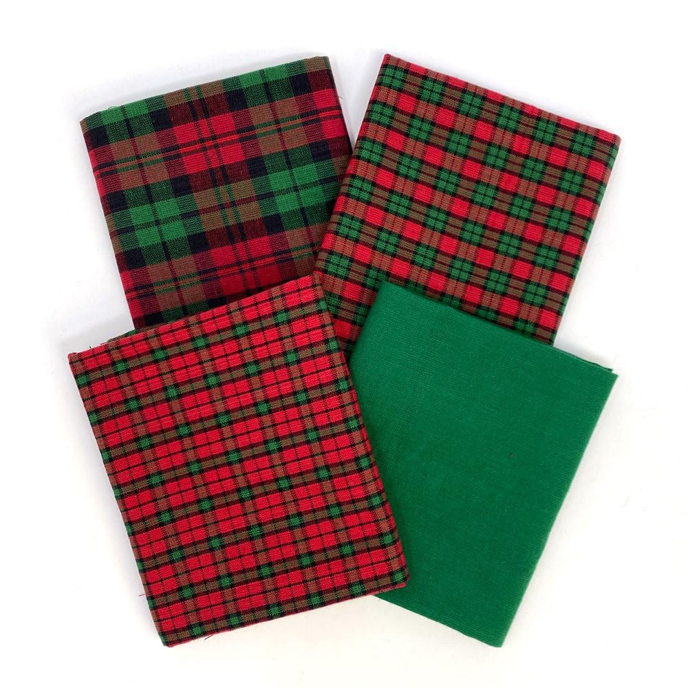 Set of 4 Fat Quarters, Christmas Red & Green Assorted Plaid Gingham Precut Fabric Homespun Cotton Bundle by JCS