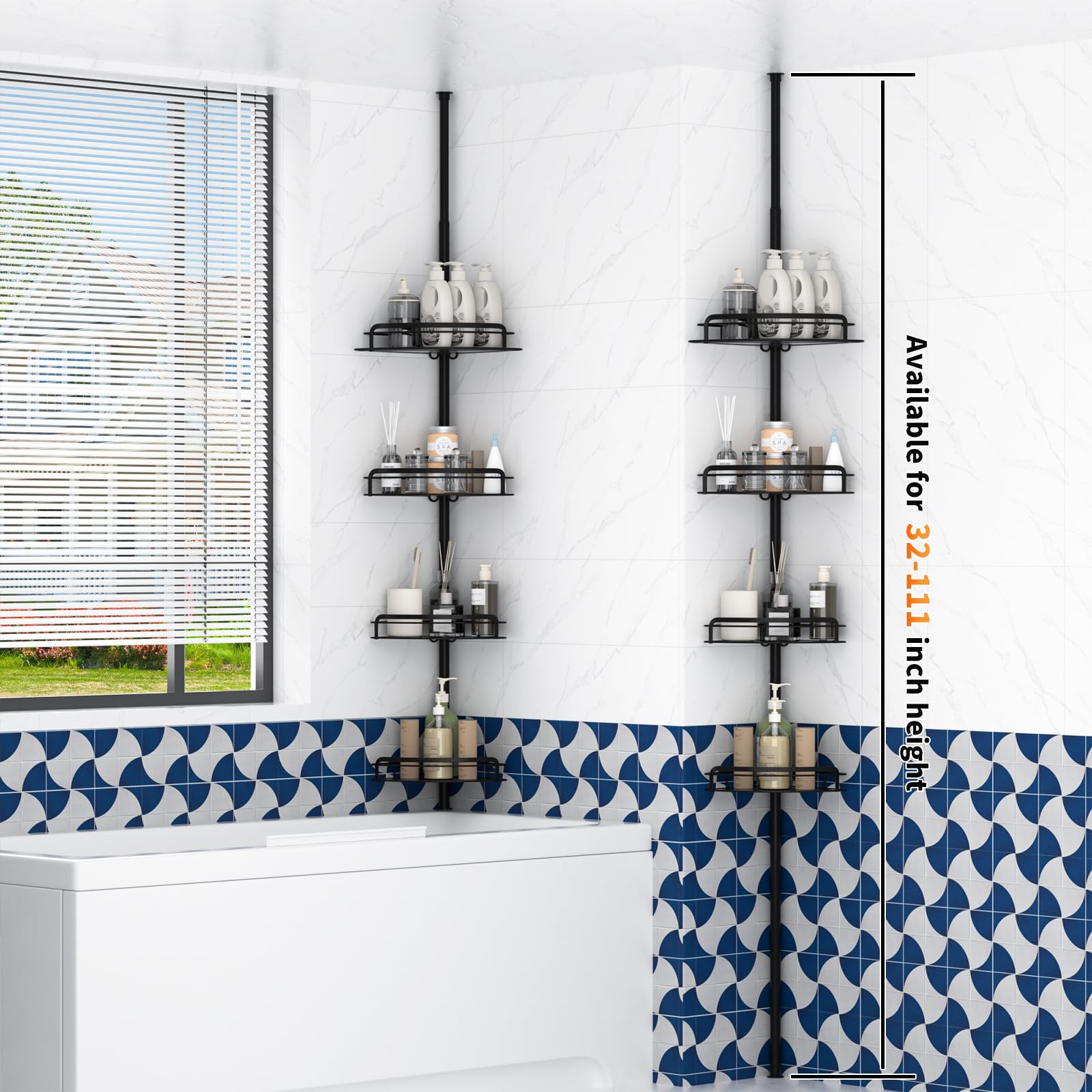 KVKVMO Corner Shower Caddy Tension Pole - Rustproof & Waterproof Shower Organizer Corner, 4-Tier Adjustable Bathroom Shower Rack from 48-115 Inches, for Bathroom and Bathtub