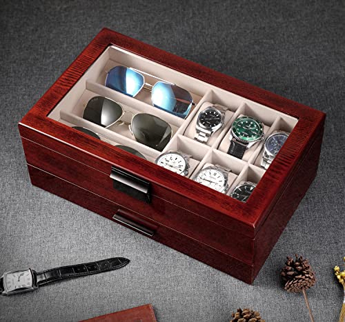 LANDICI Jewelry Box Watch Boxes Organizer for Men Women Gift,Wooden Jewellery Box with Glass Top Display,2 Layer Large 6 Slot Sunglasses Case Holder for Ring Earrings Necklace Bracelet,Walnut Wood