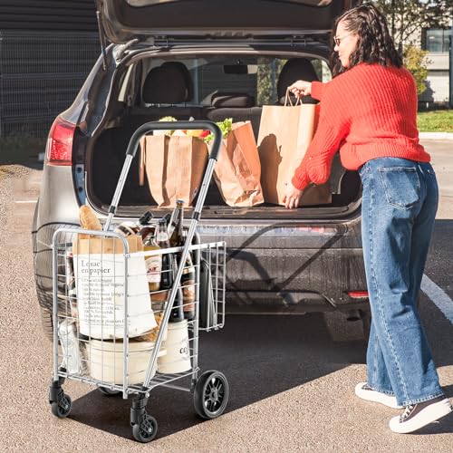 Goplus Folding Shopping Utility Cart, Double Basket and 360° Swivel Wheels, Adjustable Handle, Small Cart Perfect for Grocery Laundry Book Luggage Travel
