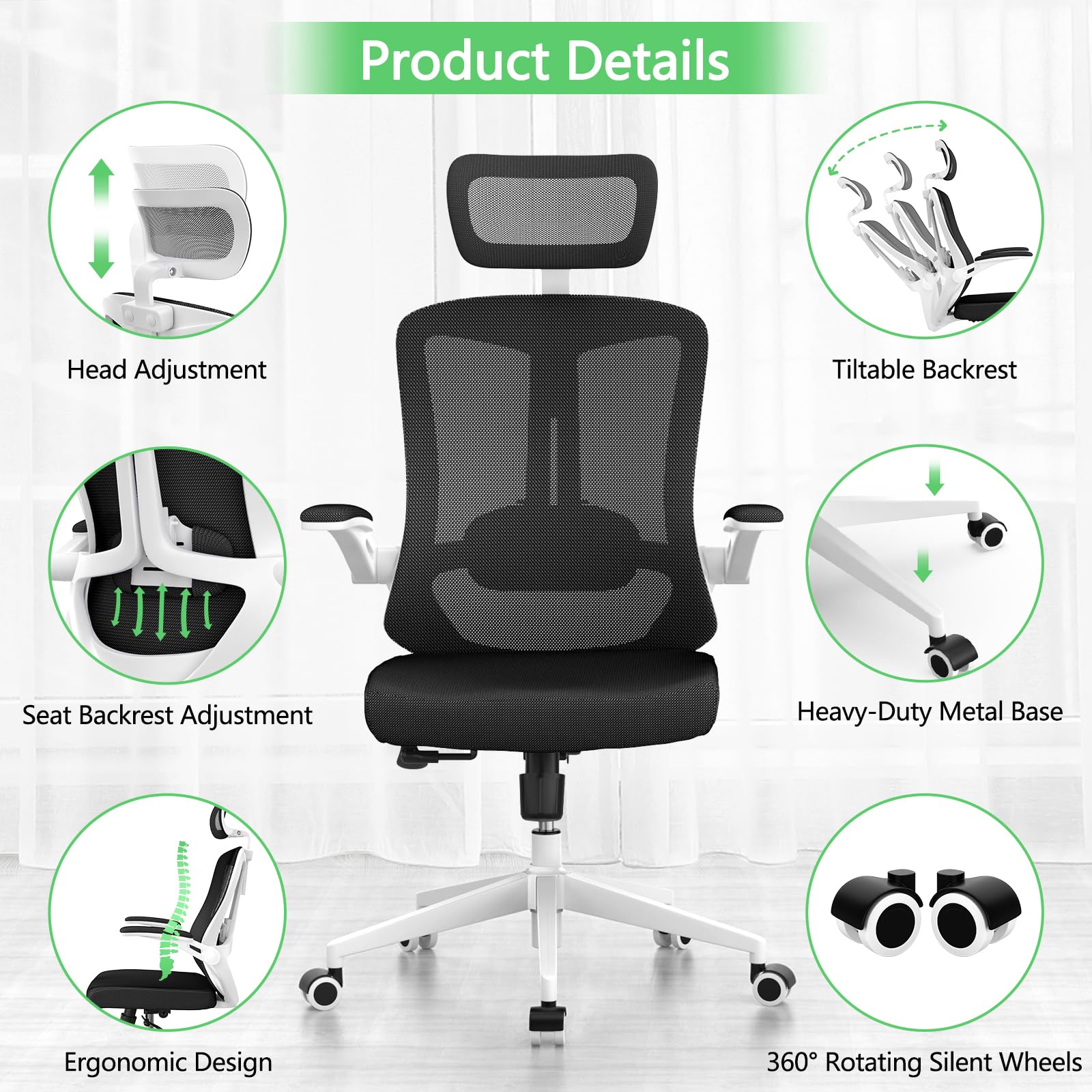 Ergonomic Office Chair, Home Office Desk Chair with Adjustable Headrest & Lumbar Support, Swivel High Back Computer Chair, Breathable Mesh Chair, PU Silent Wheels, Flip-Up Arms (Onyx Black)
