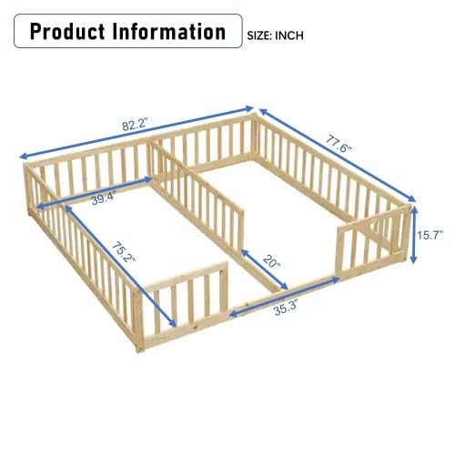 PVWIIK Twin Size Double Montessori Bed for Kids, Girls, Boys Bedroom,Twin Floor Bedframe w/Fence,Easy Assembly & No Box Spring Needed, Natural