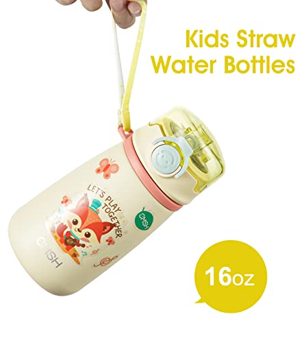 TKK Kids Insulated Water Bottle 16 oz Double Wall Vacuum Stainless Steel Thermos with Leak Proof Straw Lid & Strap Handle & Sticker (Yellow)