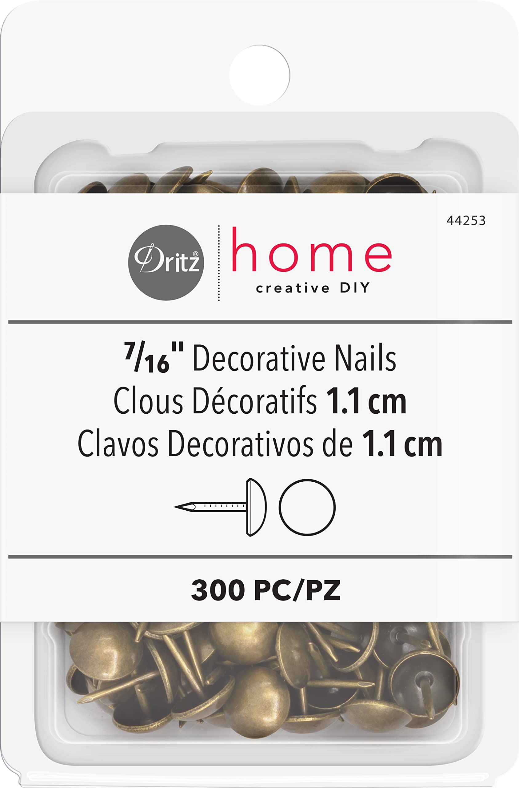 Dritz Home 44253 Smooth Decorative Nails, 7/16-Inch, Antique Brass (300-Piece)