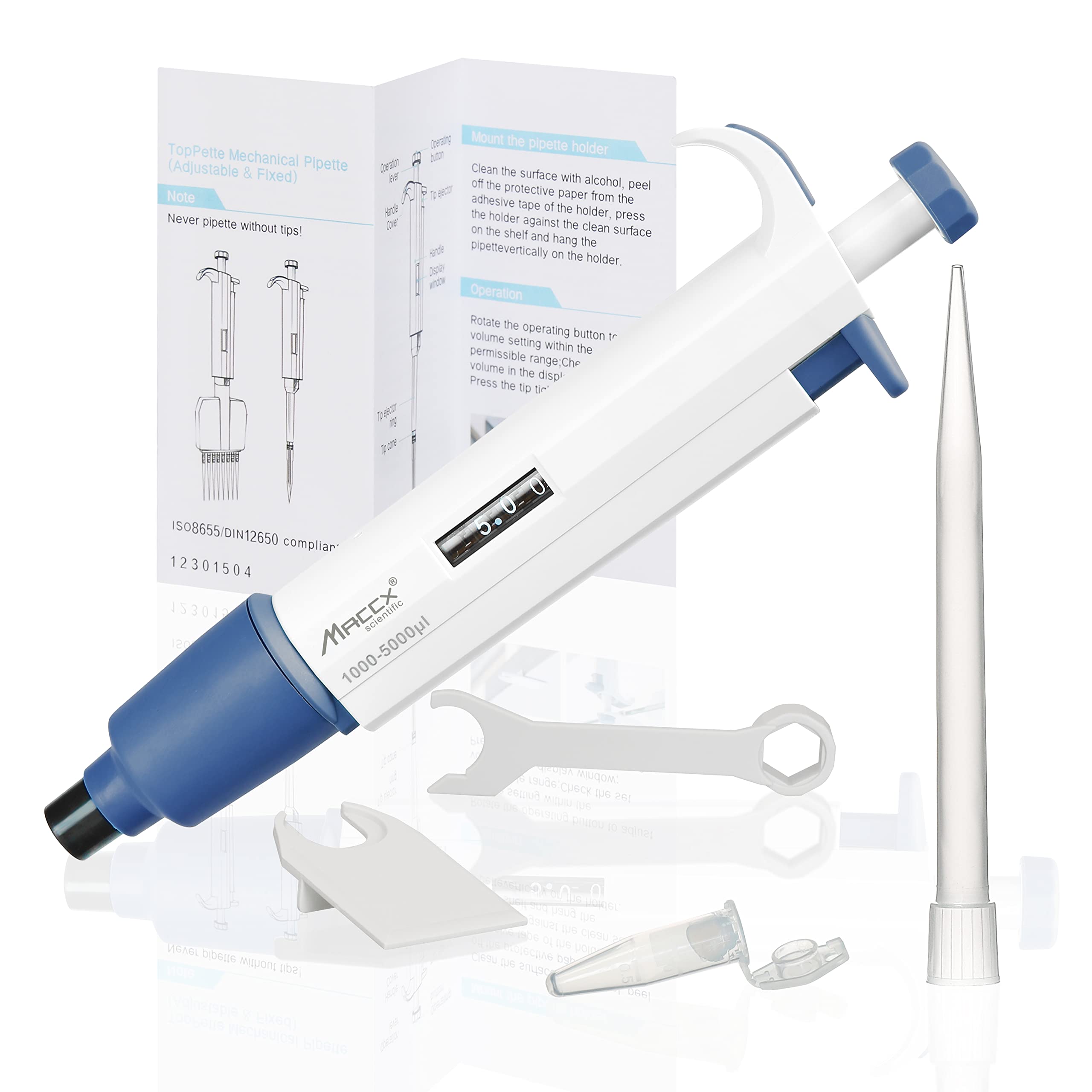 Maccx 5-50μl MicroPipette, Single-Channel Pipettor, High Accurate Calibrated Pipettes, Adjustable Volume, TMP50-001