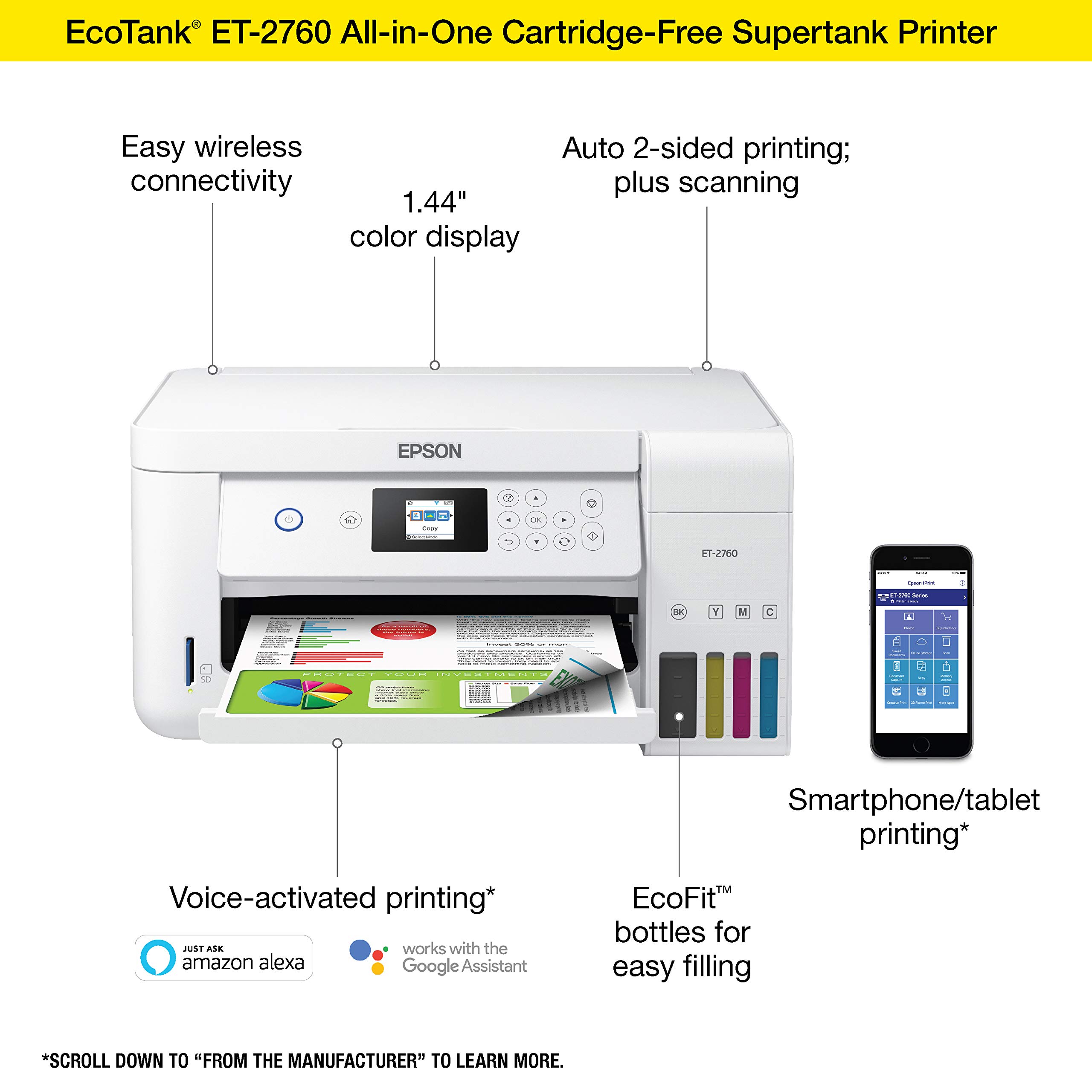 Epson EcoTank ET-2760 Wireless Color All-in-One Cartridge-Free Supertank Printer with Scanner and Copier. Full 1-Year Limited Warranty (Renewed Premium), Large, White