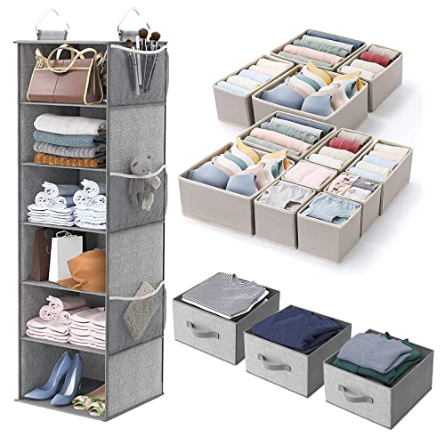 MONINXS Clothes Drawer Organizers Grey & 6-Shelf Hanging Closet Organizer Black