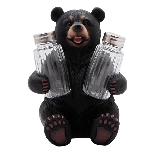 Sitting Black Bear Salt and Pepper Set Holder, Rustic Décor, Shakers Included, 7 Inches