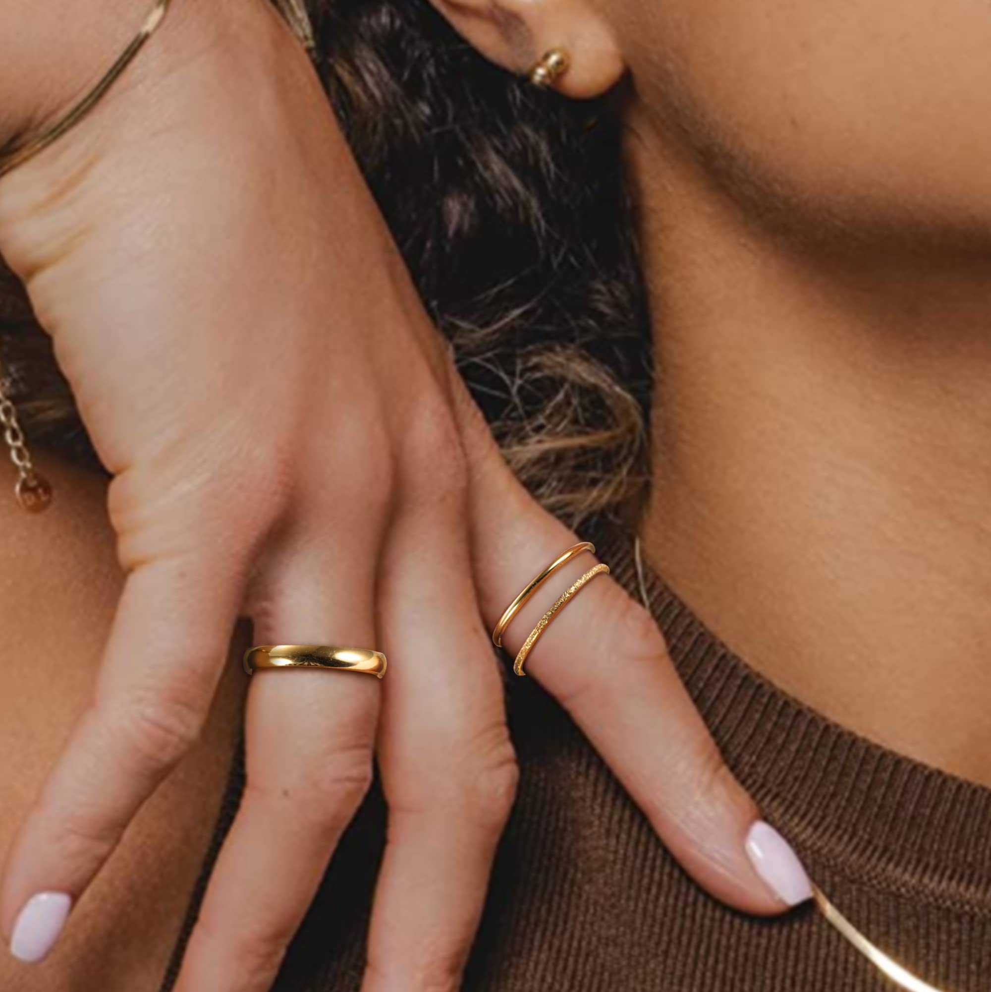 Helicopchain 4Pcs 14K Gold Filled Rings Stacking Rings for Women Thin Gold Ring Plain Thumb Statement Band Ring Sand Blast Finish Ring 1mm 3mm Comfort Fit Size 10