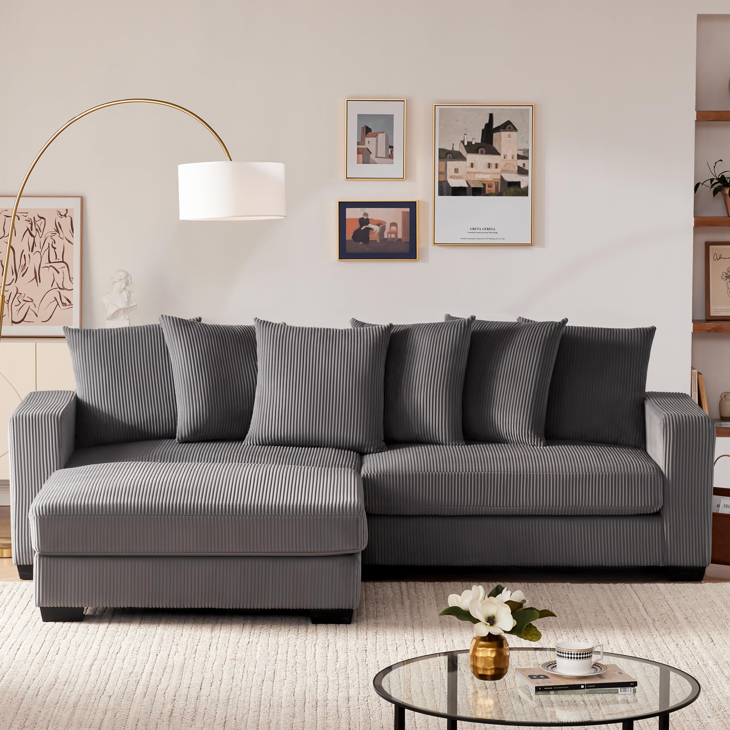 Mangodan 101.6" Deep Seat Modular Sectional Sofa, Comfy Corduroy Sectional Couches for Living Room, L-Shaped Upholstered Cloud Couch with Chaise, Widened Armrests for 4 People, Dark Grey
