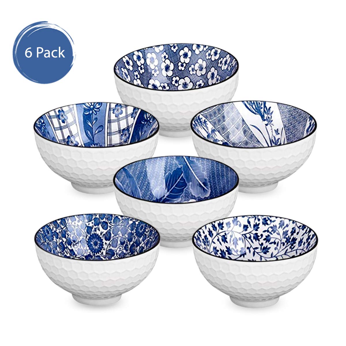 Japanese Style Ceramic Assorted Designs Traditional Blue and White Pattern Dinnerware Set (6PACK Blue White Bowl 4.5")