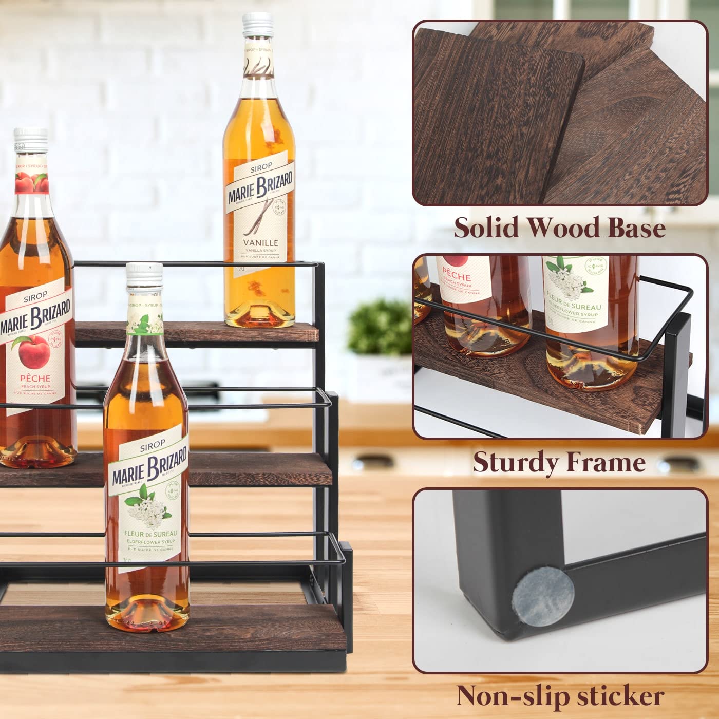 J JACKCUBE DESIGN Coffee Syrup Organizer Rack, Rustic Wood and Metal Wire, 3-Tier 12 Bottles Compartment Display Holder Coffee Station Bar Accessory for Syrup, Wine, Dressing(Black) - MK815A