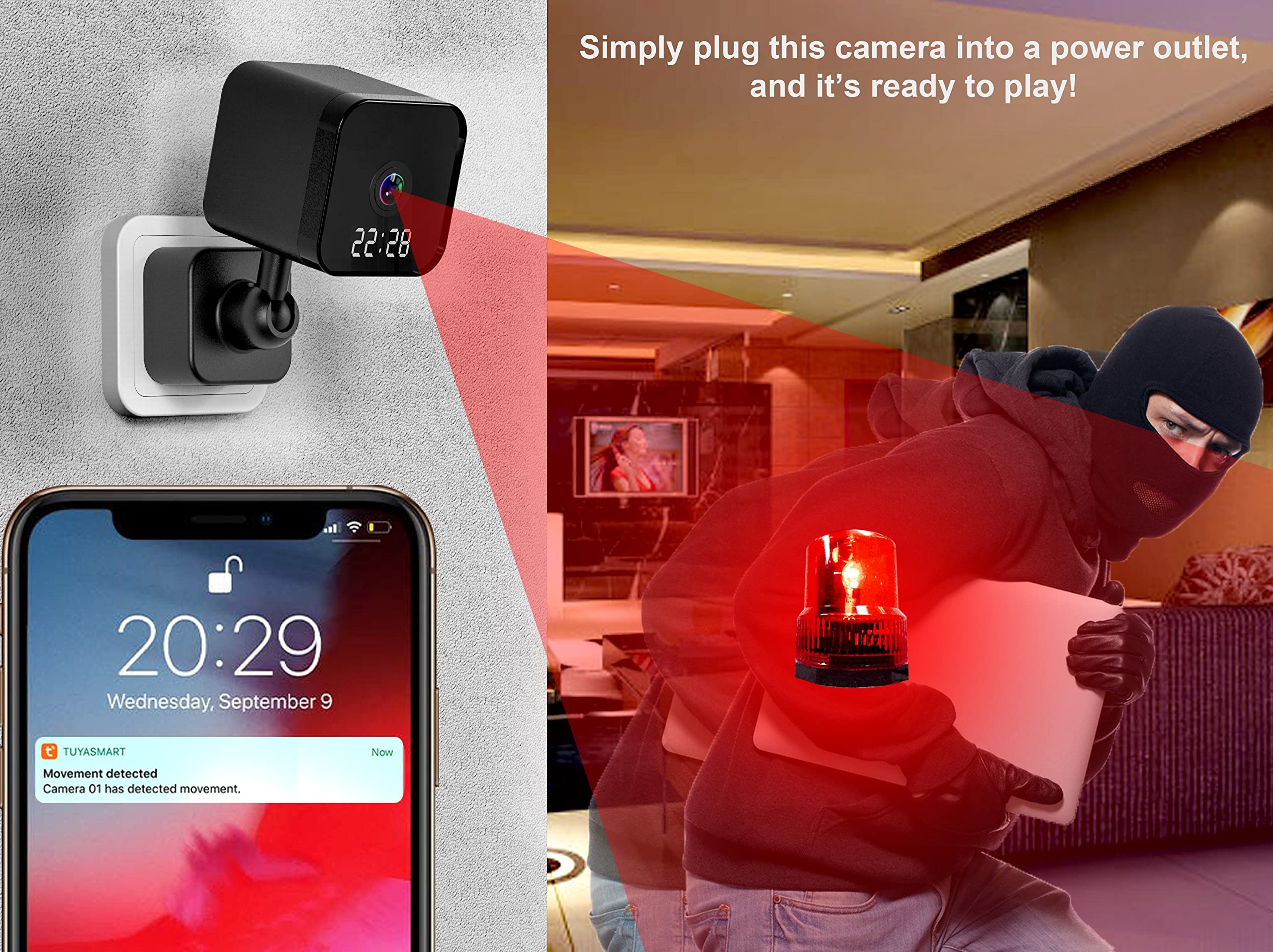 EVERSECU 1080P 2MP Wireless Security Camera with Time Display, Plug & Play, 2 Way Audio, Night Vision, Tuya Smart Life WiFi Clock Camera with Plug Works On Power Outlet/Socket