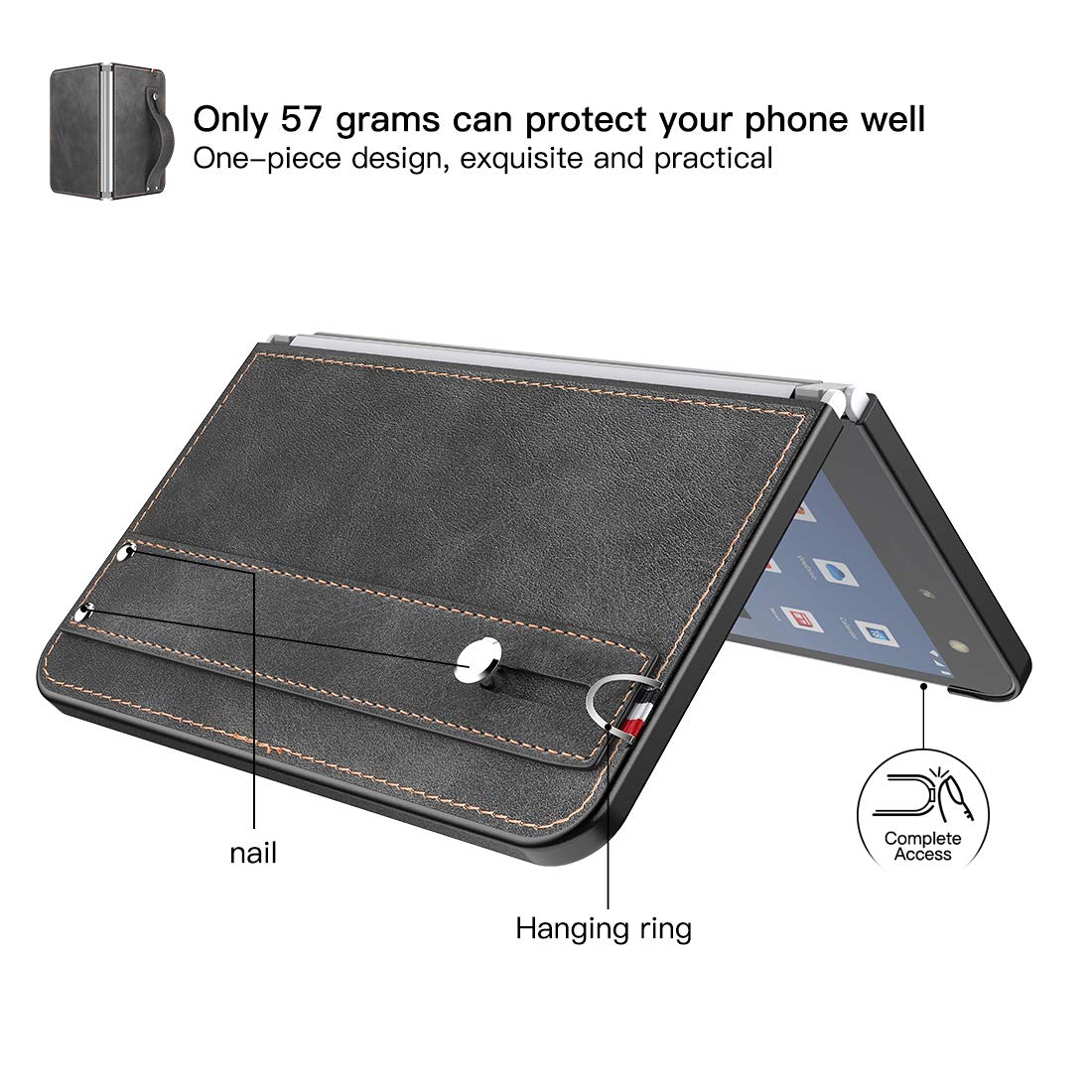 Foluu for Microsoft Surface Duo Case, Surface Duo Leather Case 2020, [Slim & Lightweight] PU Leather Back Cover Hard PC Holder with Hand Strap Protective Phone Case for Microsoft Surface Duo (Black)