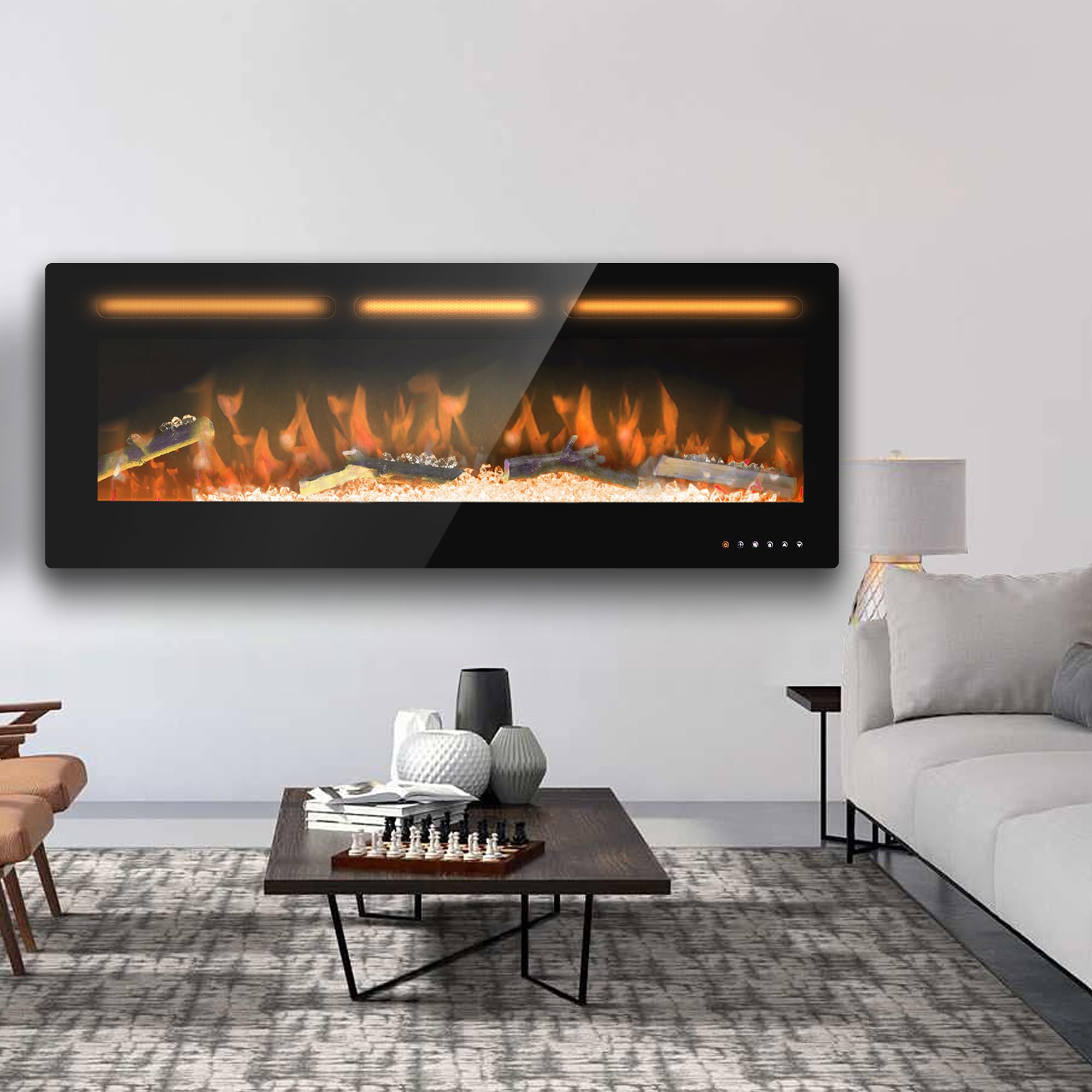 Electric Fireplace Heater, 50 Inch Wall Mounted & 3.9 Inch Ultra Thin Fireplace Insert, Timable Remote Control, Touch Screen, Child Lock, 32 Color Combinations, Black