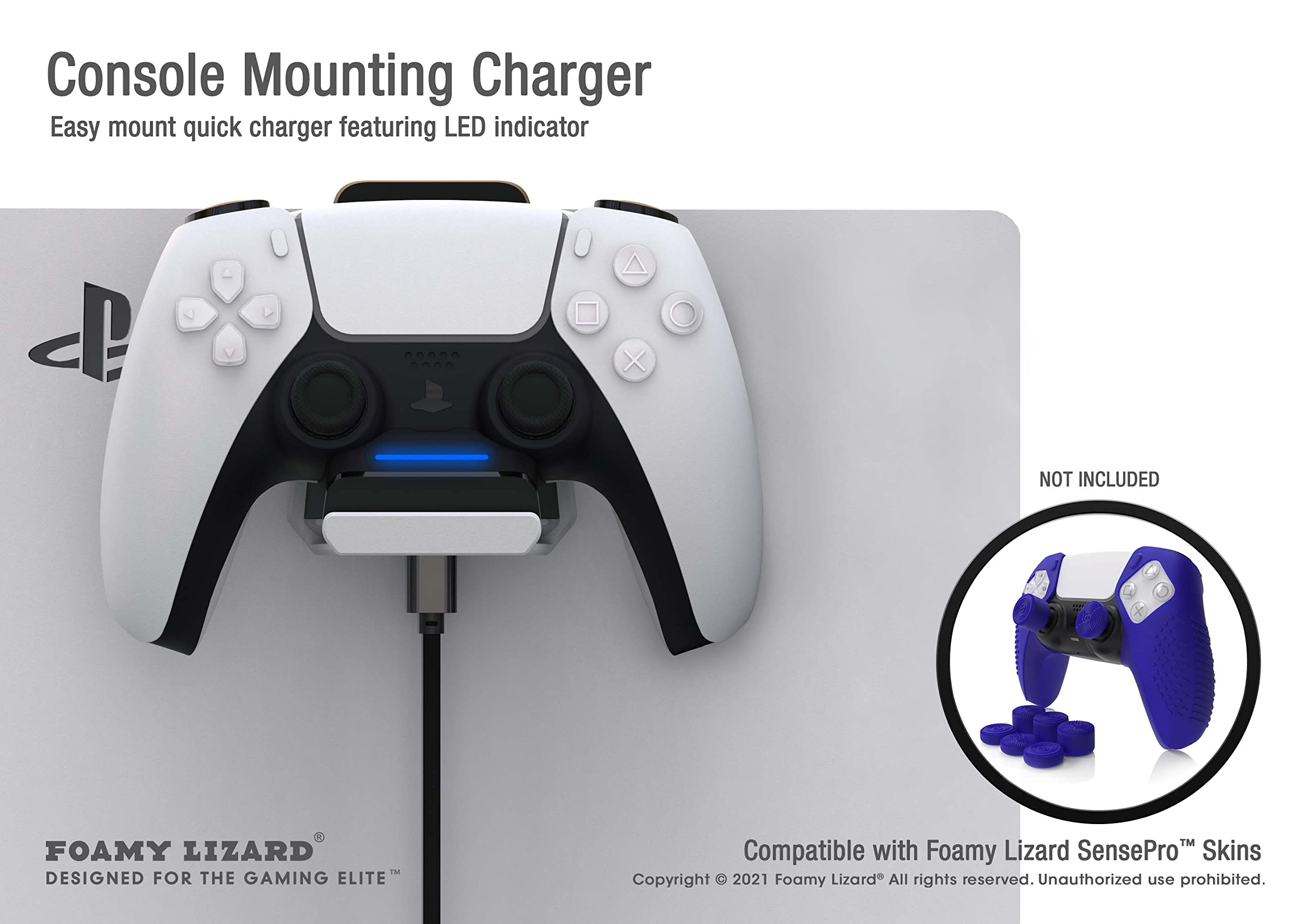 Foamy Lizard PS5 Controller Charger Console and Wall Mount for Playstation 5 DualSense Fast Charging Station Hanging Dock, Headphone Hook, LED Indicator, Overcharge Protection (PS5 White+Black)
