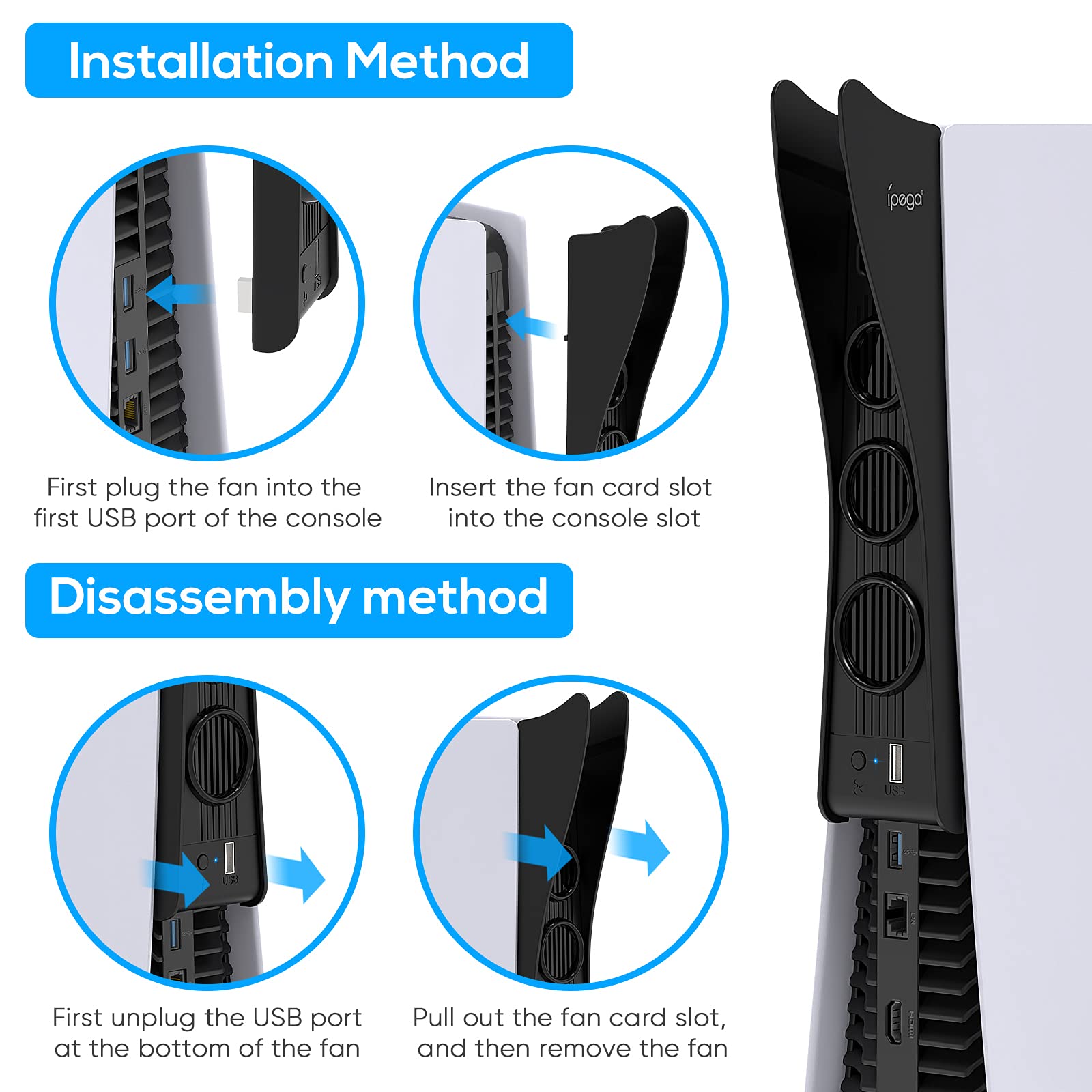 FYOUNG 2 in 1 Slim Cooling Fan with Headest Hanger Holder Compatible with PlayStation 5 Digital Edition & Ultra HD Console, Cooling System Cooler Fan for PS5 with 3 Cooling Fans and Extra USB Port