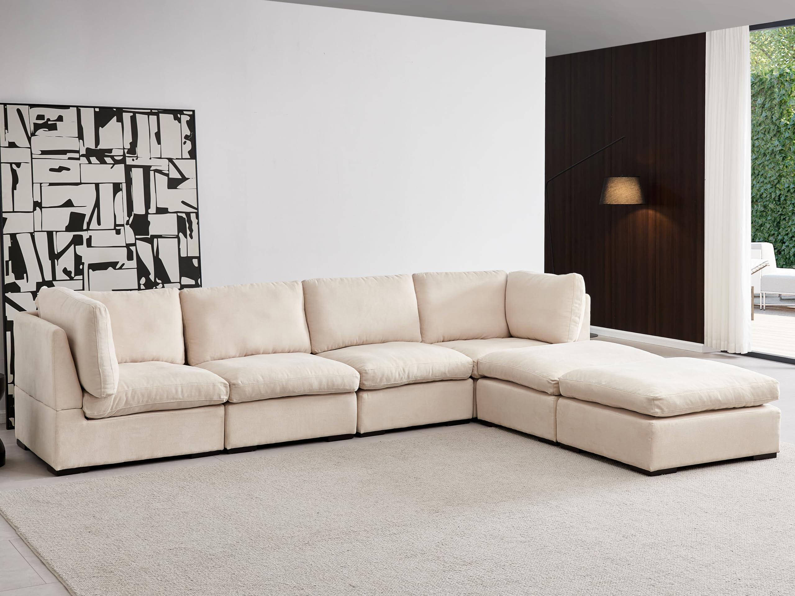N NOORDENIYA 129'' Polyester U Shape Sectional Cloud Sofa, Oversized Modern Cloud Sectional Couch with Reversible Chaise, 6 Seater Sofa Set for Living Room, Apartment, Office. Beige