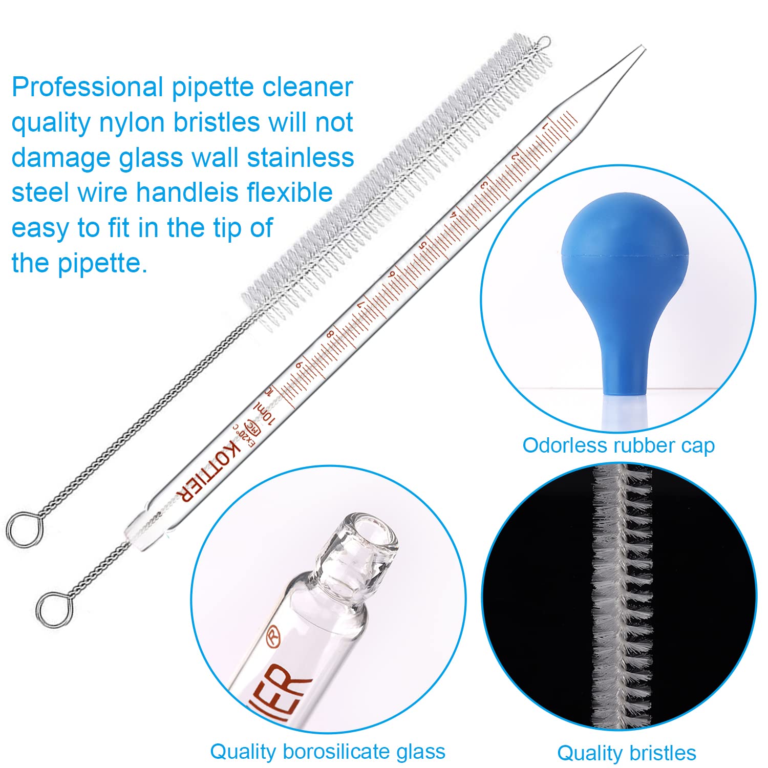 MRXBN 10ml Glass Pipettes Dropper, Lab Graduated Dropper for Liquid Essential Oil, Glass Transfer Pipette with Rubber Bulb and Cleaning Brush (2 pieces)