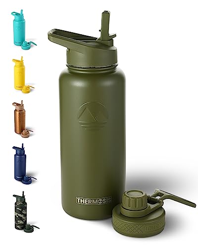 Thermosis 32 oz Insulated Water Bottle With Straw, 1 Liter Stainless Steel Water Bottles with 2 Lids (Straw and Handle Lids). Wide Mouth Travel Metal Water Bottle for Sports and Gym - Army Green