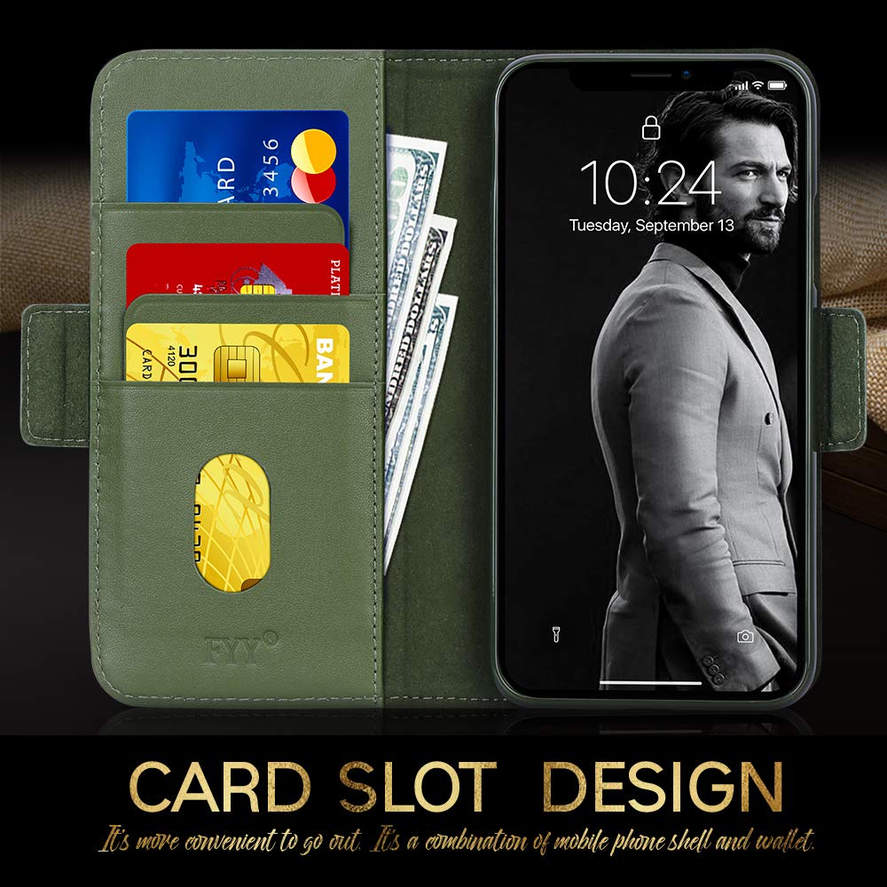 FYY Case for iPhone 11 6.1”, Luxury [Cowhide Genuine Leather][RFID Blocking] Wallet Case, Handmade Flip Folio Case Cover with [Kickstand Function] and[Card Slots] for Apple iPhone 11 6.1” Black